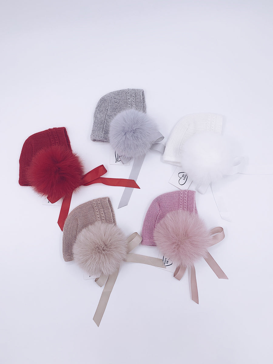 MI LOVES SIGNATURE LUXURIOUS ANGORA BONNETS WITH FOX FUR POMPOM