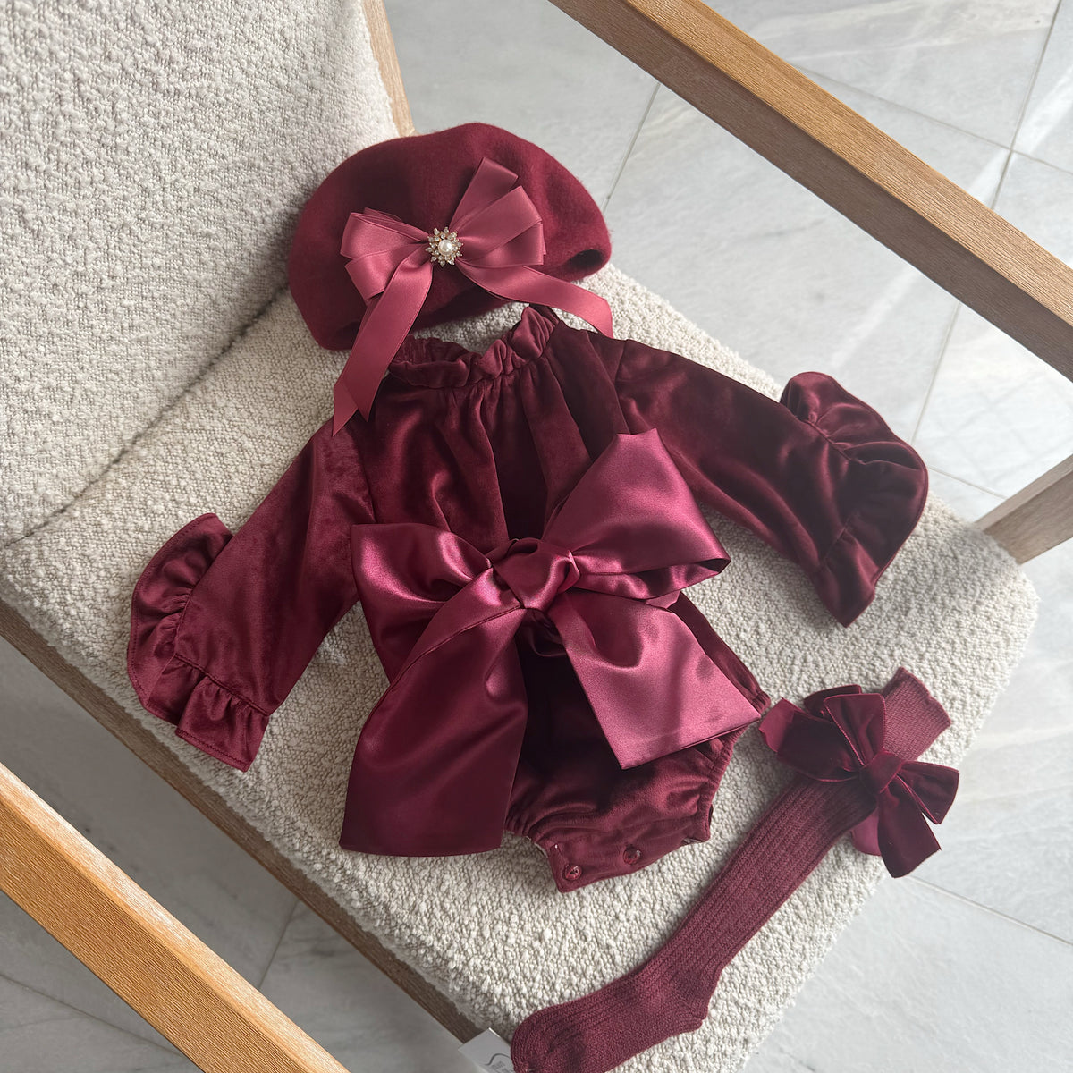 Beautiful Burgundy velvet Romper with Frill and Burgundy statement bow ...