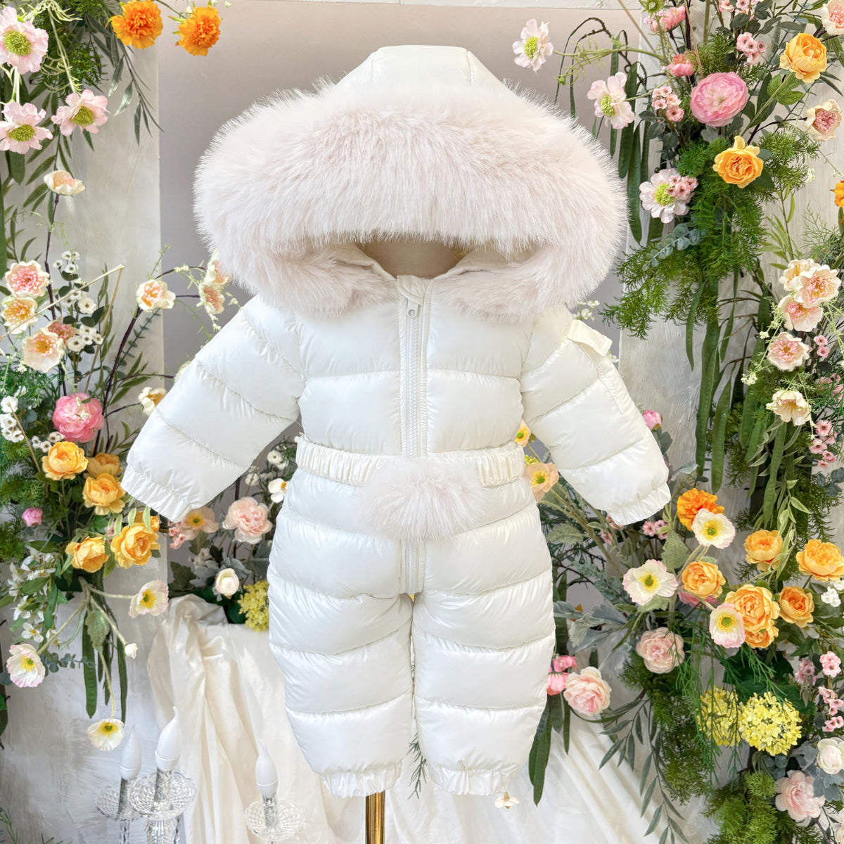 Signature Unisex winter Snowsuit with Synthetic fur trim in Ivory/Crea ...